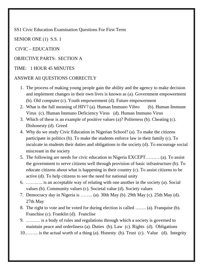 SS1 Civic Education Examination Questions For First Term | PDF | Hiv/Aids | Justice