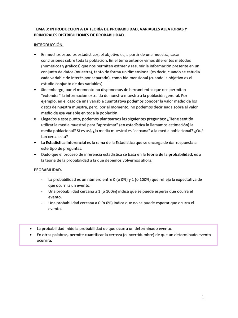 Tema 3 Introducción A La Teoría de Probabilidad, Variables Aleatorias y Principales ...
