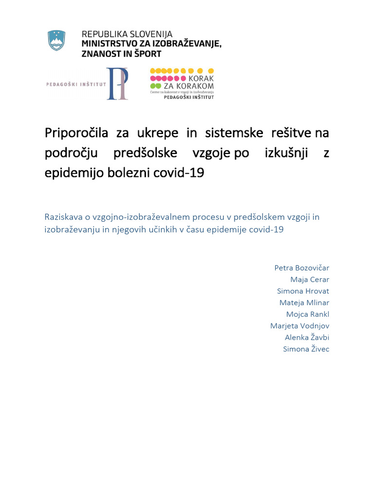 Priporoila Za Ukrepe in Sistemske Reitve Na Podroju Predolske Vzgoje Po Izkunji Z Epidemijo ...