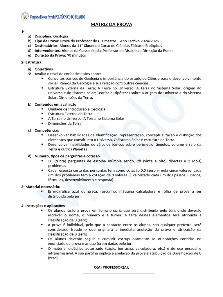 Modelo de MATRIZ DA PROVA | PDF | Science | Terra