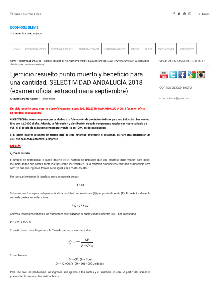 Ejercicio Resuelto Punto Muerto y Beneficio para Una Cantidad ... Ejercicio Resuelto Punto Muerto y Beneficio para Una Cantidad ...