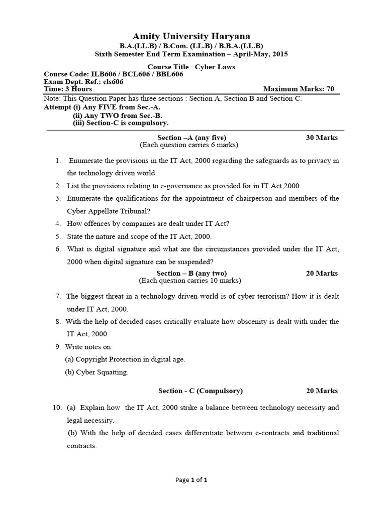 BA-BCom-BBA (LLB) Sem-VI Cyber Laws - Out | PDF | Finance & Money Management | Technology ...