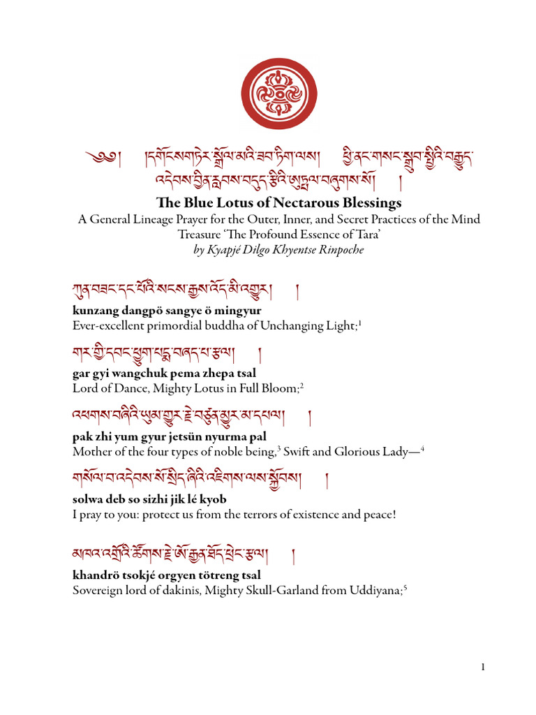 Blue Lotus Zabtik Drolchok Lineage Prayer English | PDF