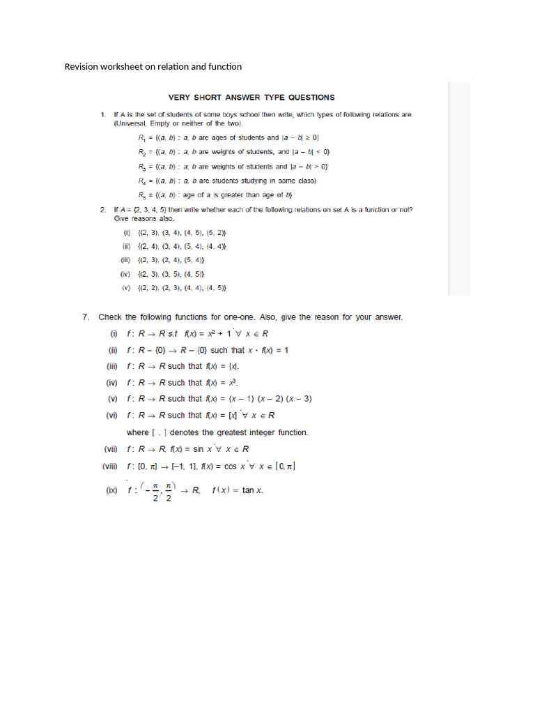 Revision Worksheet On Relation and Function | PDF