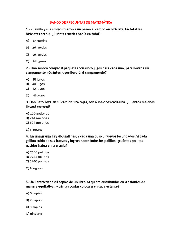 Banco de Preguntas - Matematica 2024 | PDF