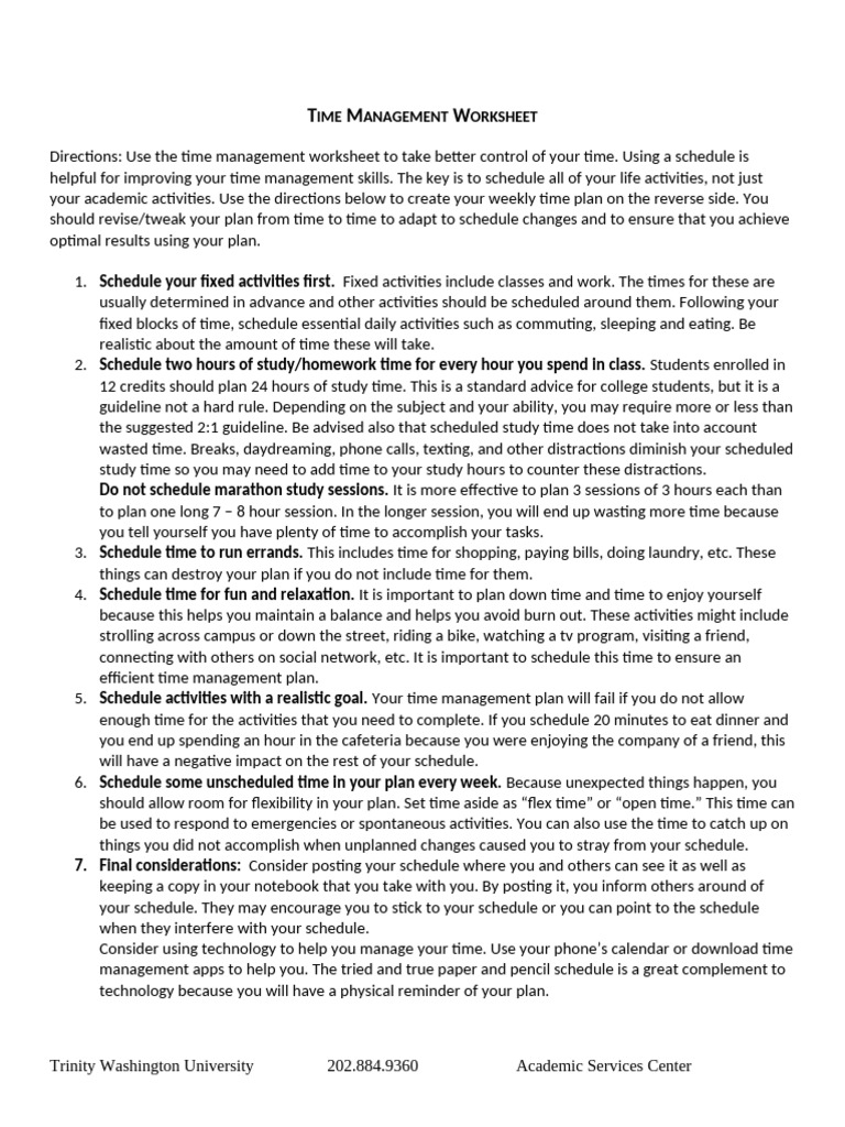 Time Management Worksheet Instructions | PDF | Time Management ...