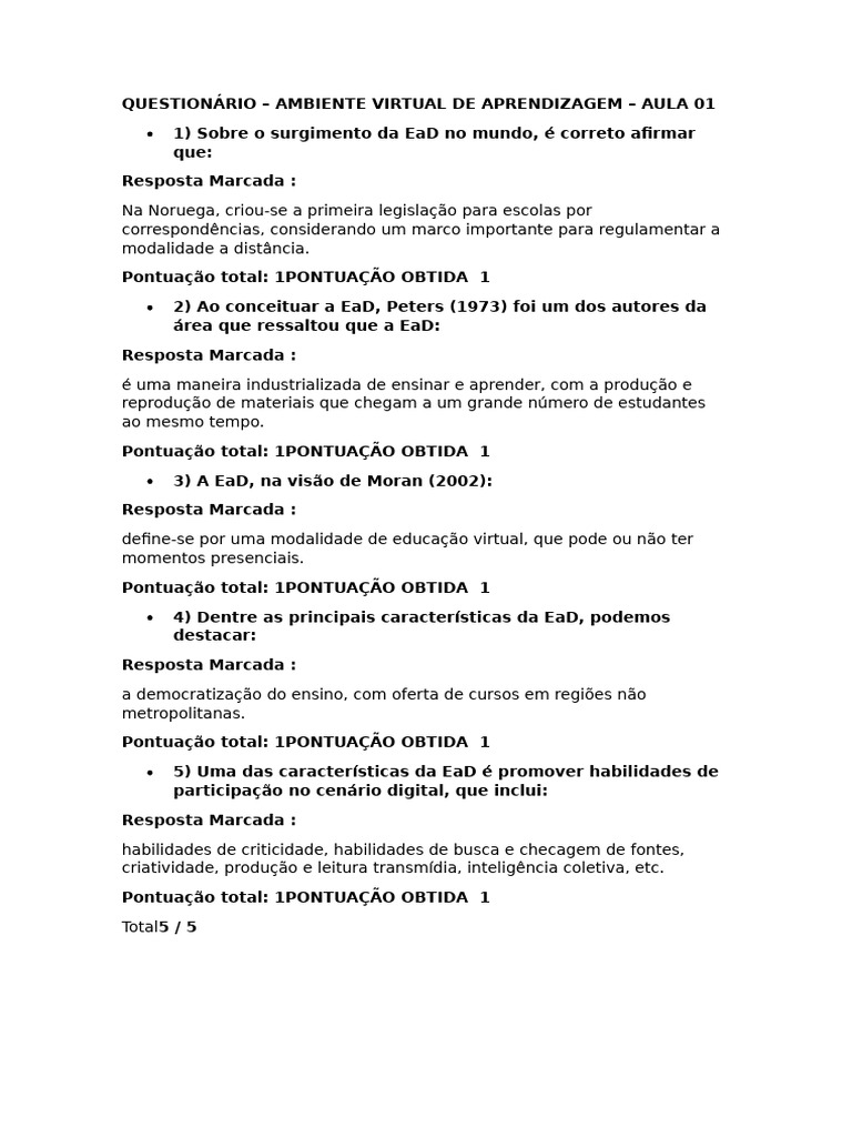 Questionário - Ambiente Virtual de Aprendizagem - Aula 01 | PDF