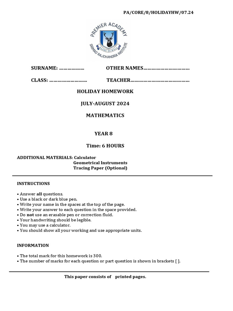 Year 8 Maths Holiday Homework | PDF | Numbers | Factorization