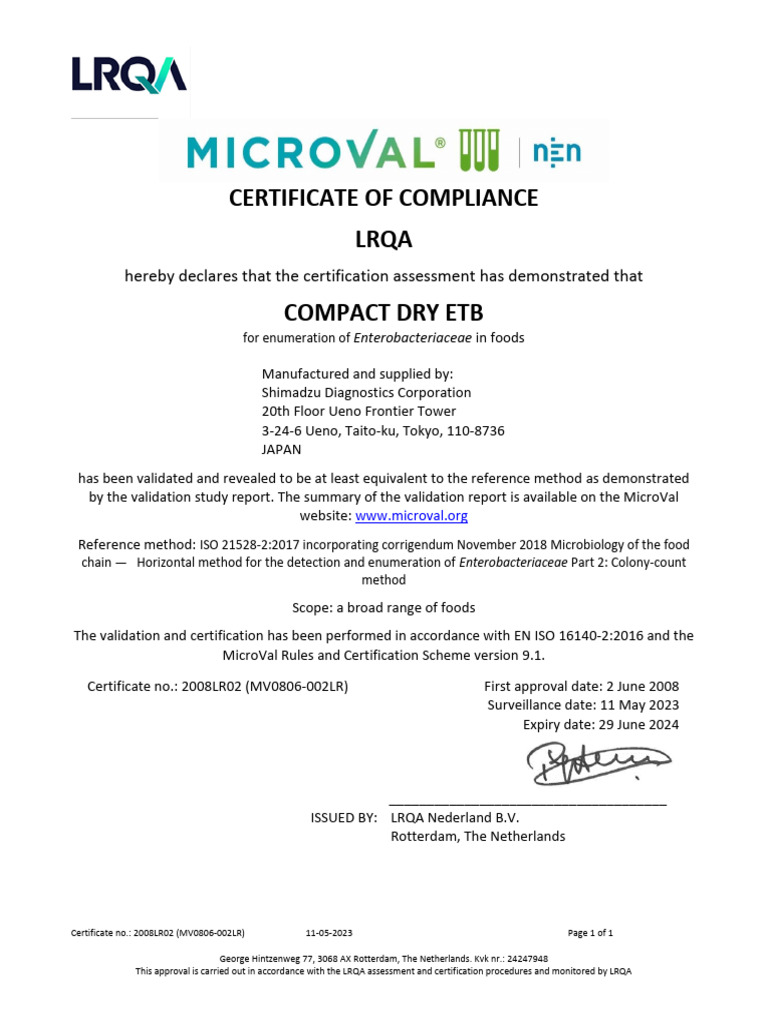 Certificate of Compliance for Compact Dry ETB | PDF
