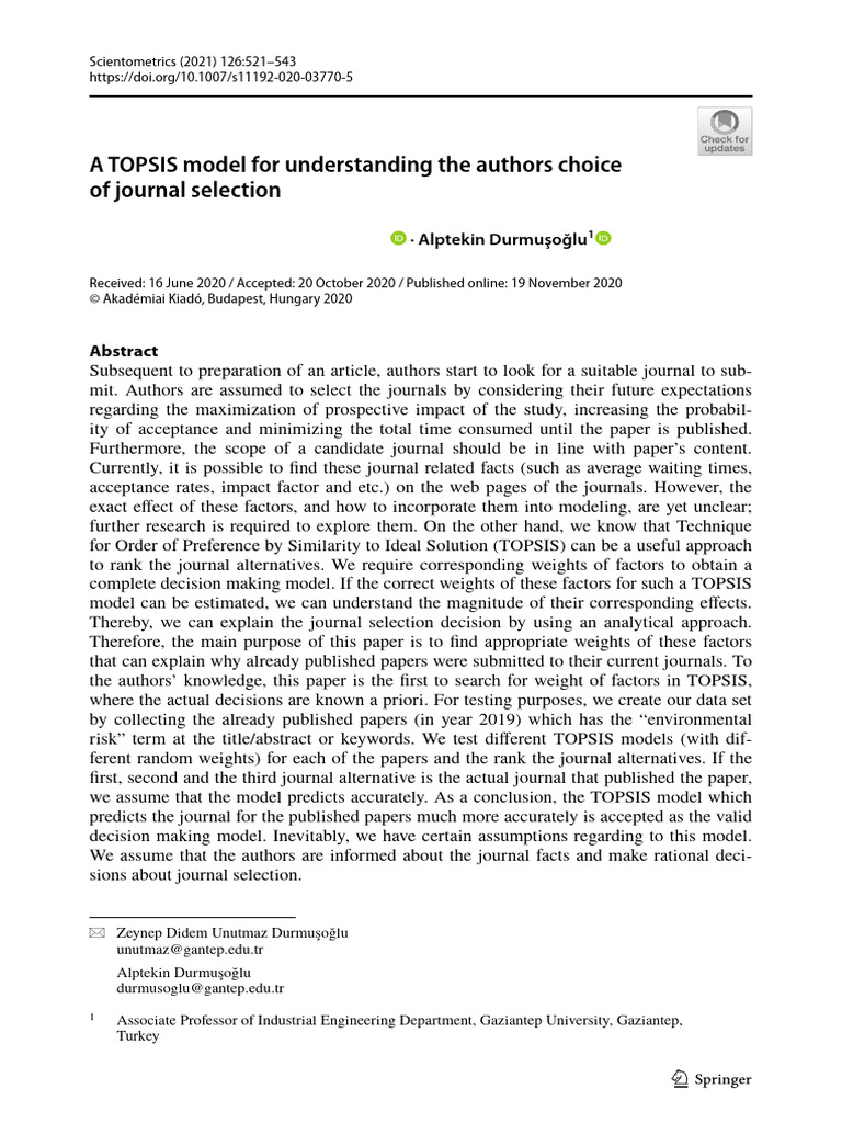 A TOPSIS Model For Understanding The Authors Choice of Journal ...