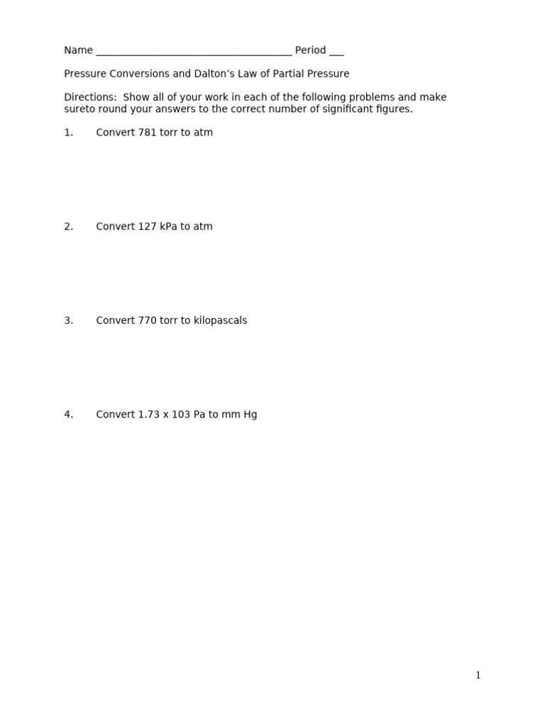 Pressure Conversions and Gas Laws Worksheet | PDF | Gases | Temperature