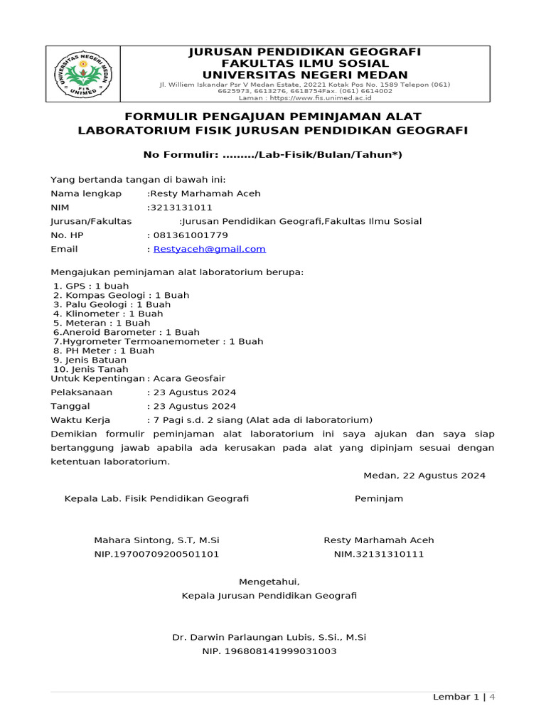Formulir Peminjaman Alat Lab Geografi | PDF