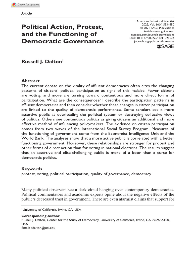 Dalton 2021 Political Action Protest and The Functioning of Democratic ...