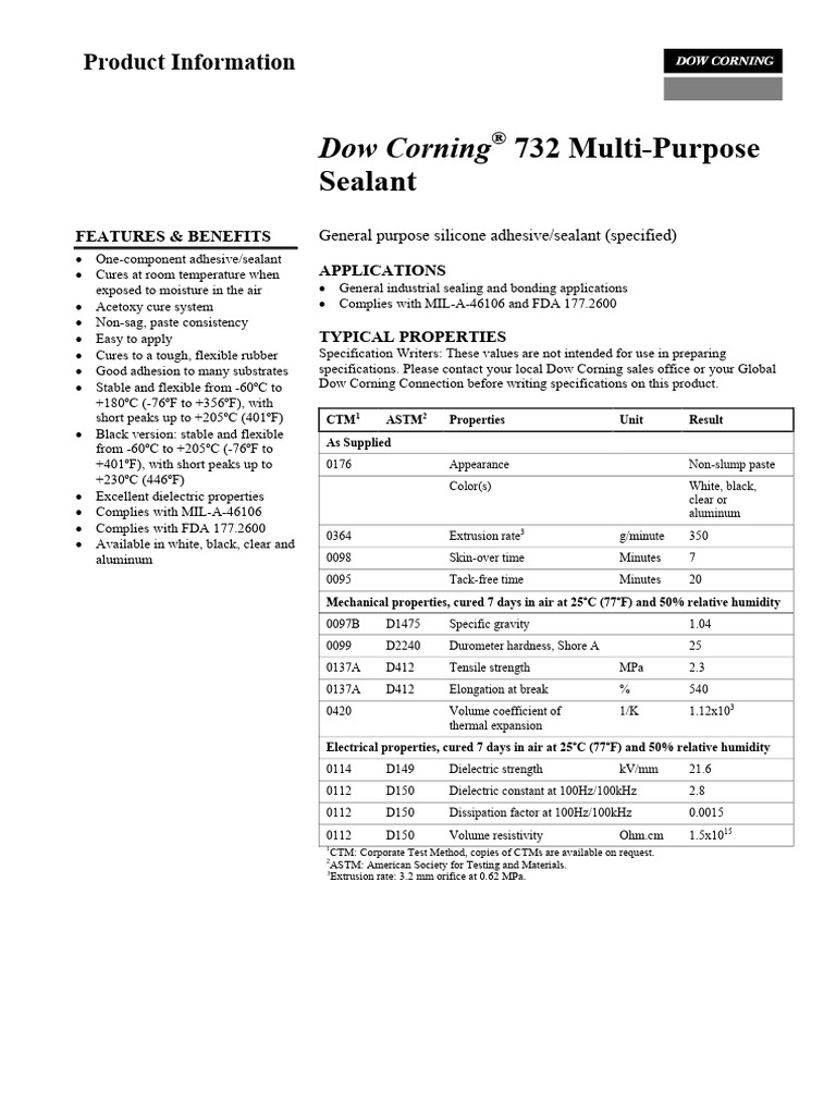 Dow Corning 732 Multi-Purpose Sealant Datasheet | PDF