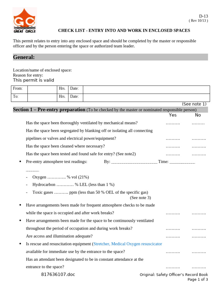 Safe_D13_Entry_Into_Enclosed_Space_Permit | PDF | Underwater Diving ...