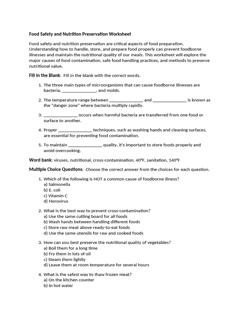 Food Safety & Nutrition Worksheet | PDF | Foodborne Illness | Foods