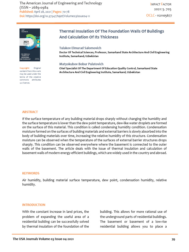 Thermal Insulation of The Foundation Walls of Buildings and Calculation ...