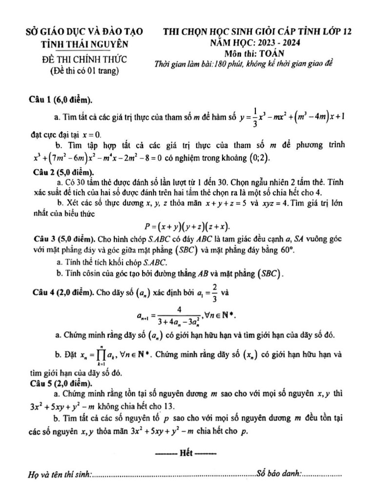 De Hoc Sinh Gioi Cap Tinh Toan 12 Nam 2023 2024 So GDDT Thai Nguyen | PDF
