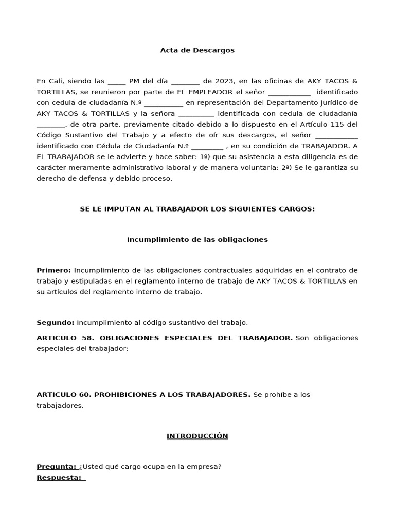 Acta Descargos Modelo | PDF | Finanzas y dinero