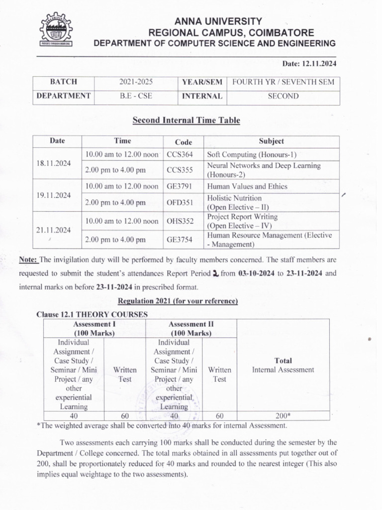 CSE-VII Sem Second Internal Schedule | PDF
