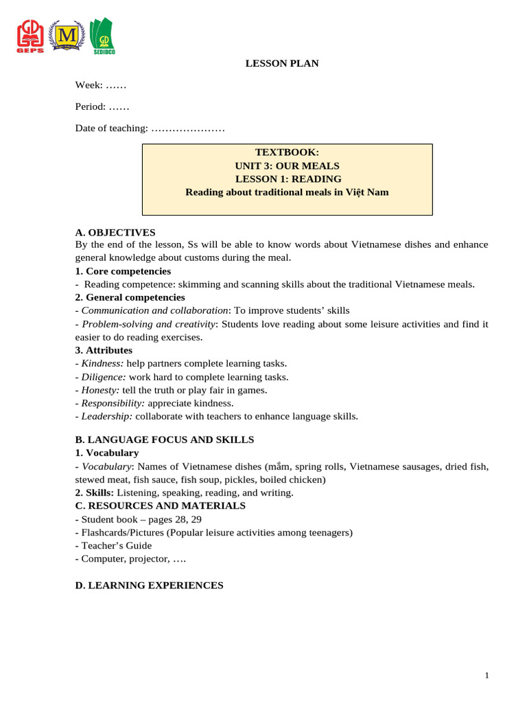 Vietnamese Meals Lesson Plan | PDF | Word | Linguistics