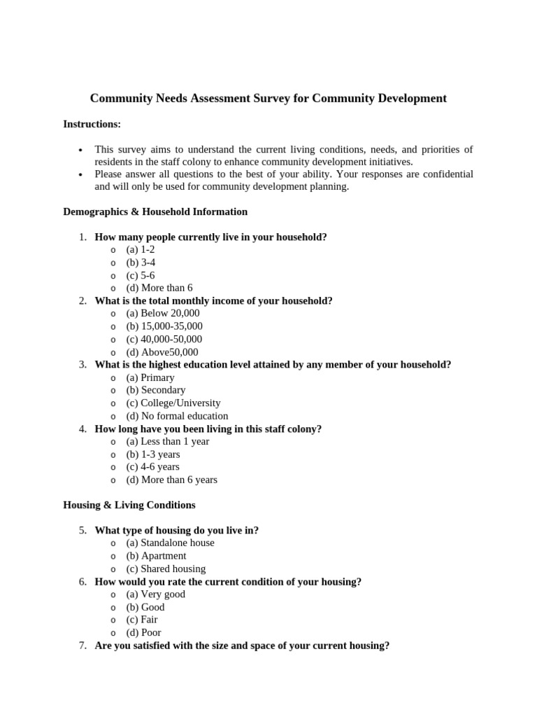 Community Needs Assessment Survey | PDF | Sanitation | Employment