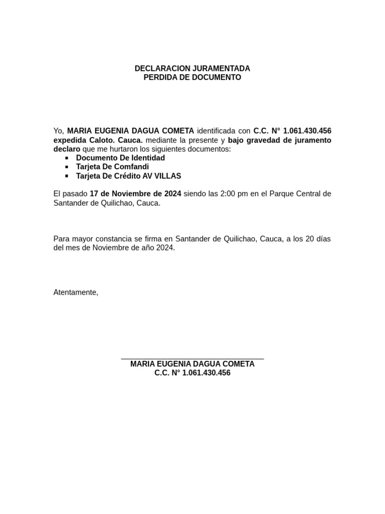 Declaracion Juramentada Perdida de Documento | PDF