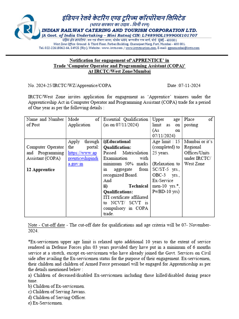 Engagement of APPRENTICE in IRCTC-WZ For FY 2024-2025 | PDF ...