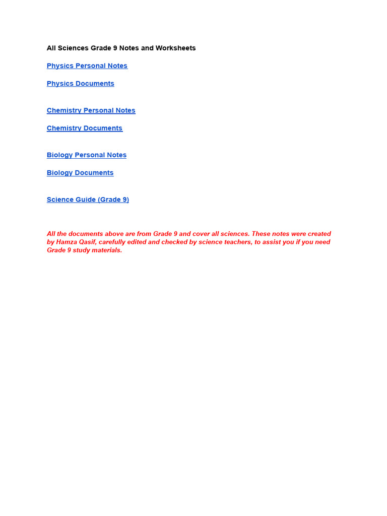 Grade 9 Science Notes & Worksheets | PDF