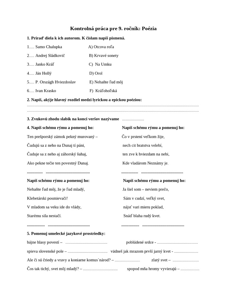 Kontrolná Práca Z LV Pre 9. Ročník - Poézia | PDF