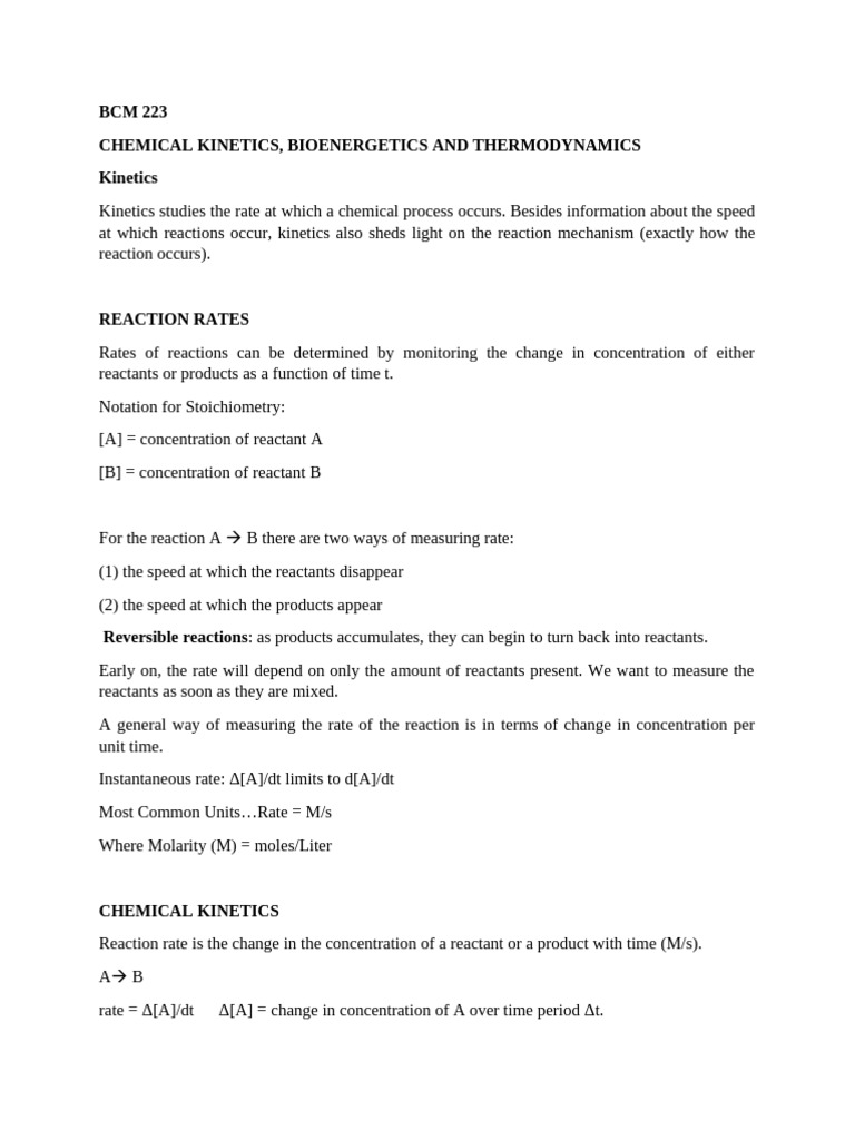 Chemical Kinetics and Thermodynamics Bcm223 | PDF | Reaction Rate ...
