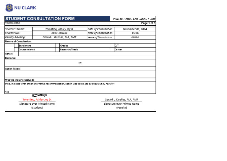 CRK ACD ADO F 007 Consultation Form Tolentino, Ashley Joy D | PDF