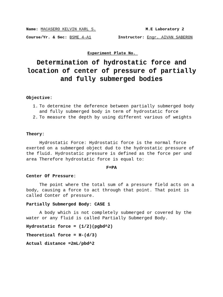 Macasero Hydrostatic Pressure Experiment | PDF | Pressure | Force