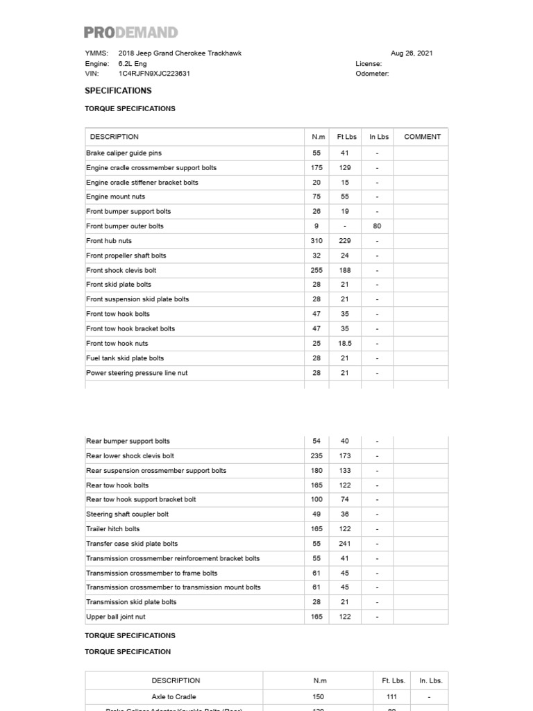 Trackhawk Torque Specifications Guide | PDF | Axle | Automotive ...