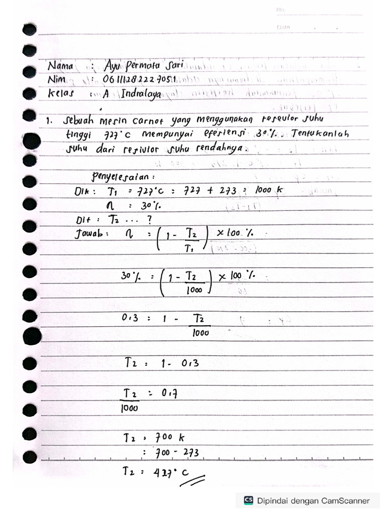 Ayu Permatasari - 051 Tugas Siklus Carnot Dan Mesin Pendingin | PDF