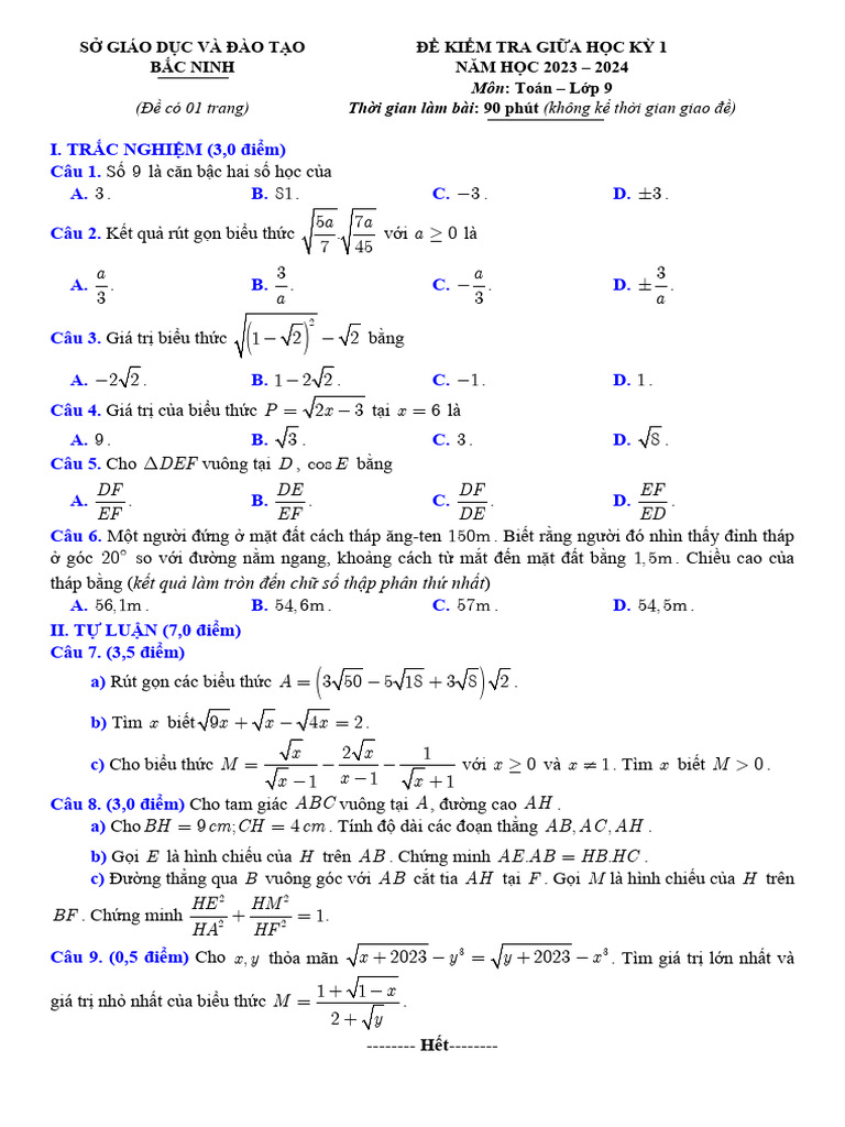 De Kiem Tra Giua Hoc Ky 1 Toan 9 Nam 2023 2024 So GDDT Bac Ninh | PDF