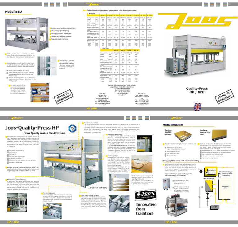 Joos Press Models: Specs & Features | PDF | Temperature | Heat