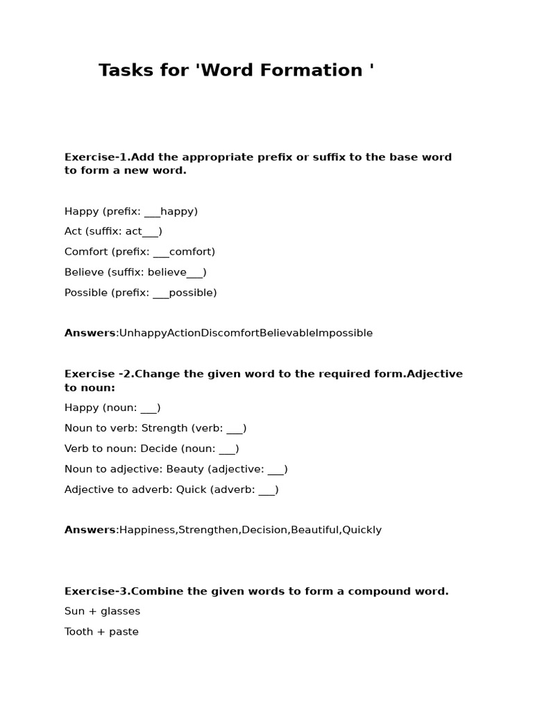 Tasks For Word Formation. | PDF