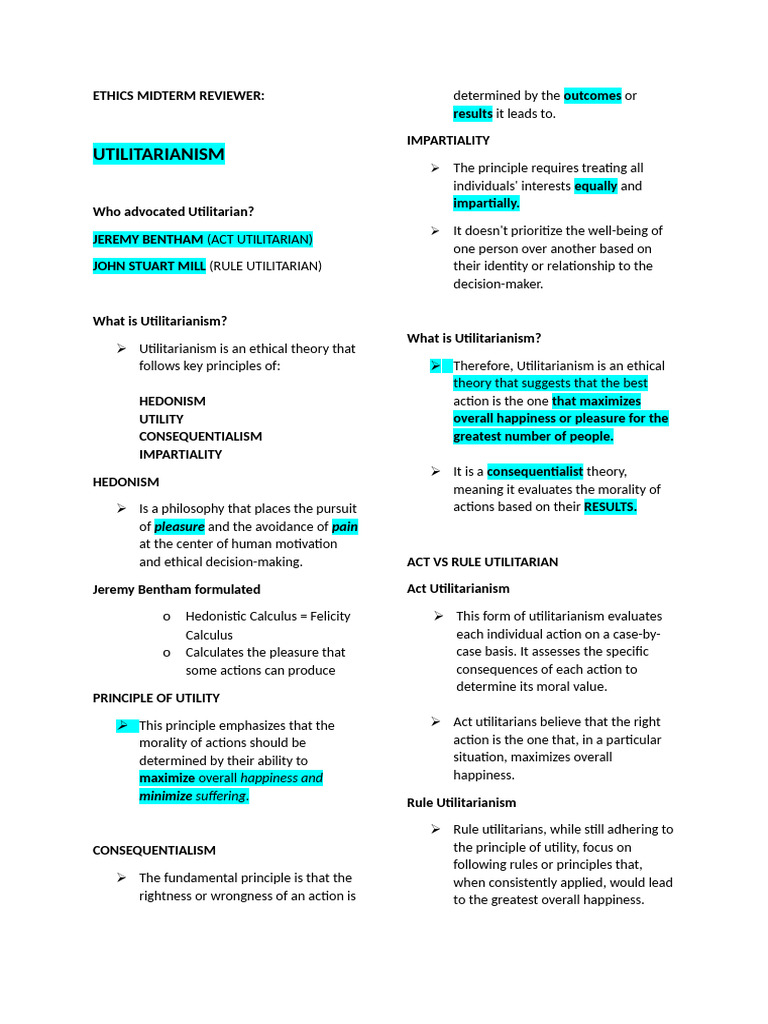 Franz - Ethics Midterm Reviewer | PDF | Utilitarianism | Hedonism