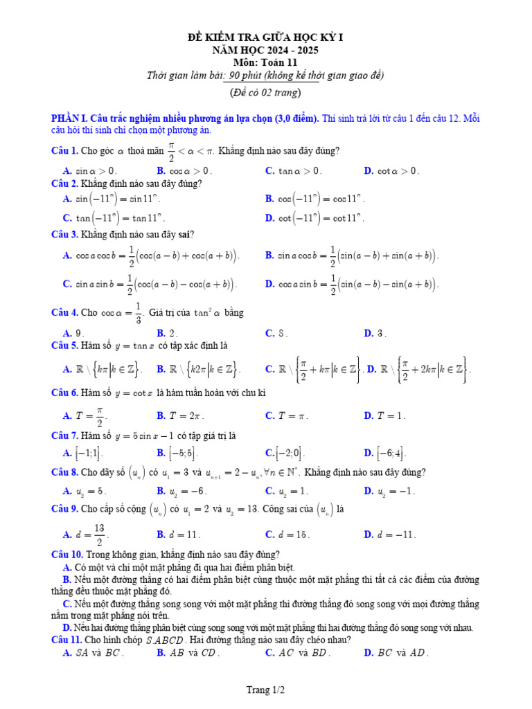 De Kiem Tra Giua Hoc Ky 1 Toan 11 Nam 2024 2025 So GDDT Bac Ninh | PDF