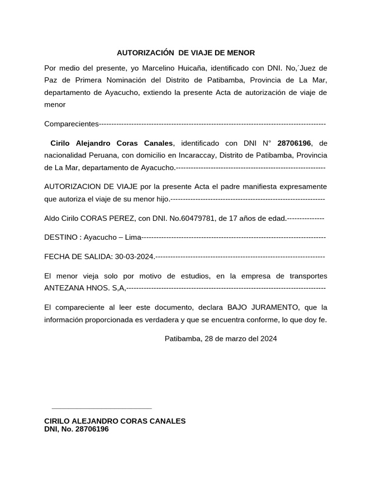 Autorizacion Notarial de Viaje para Menores de Edad | PDF