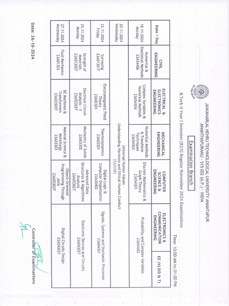 Timetable For B.tech II Yr I Sem R23 Regular Nov 2024 Exams | PDF