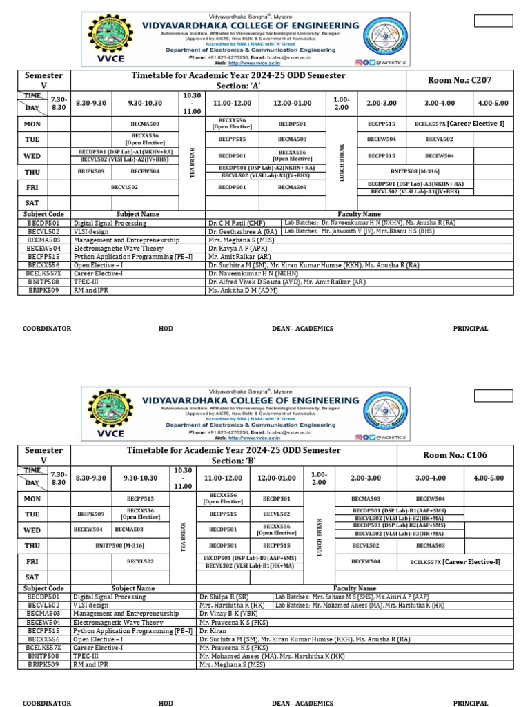 5TH Sem - Time Table - 2024-25 Odd | PDF | Computer Engineering | Signal Processing