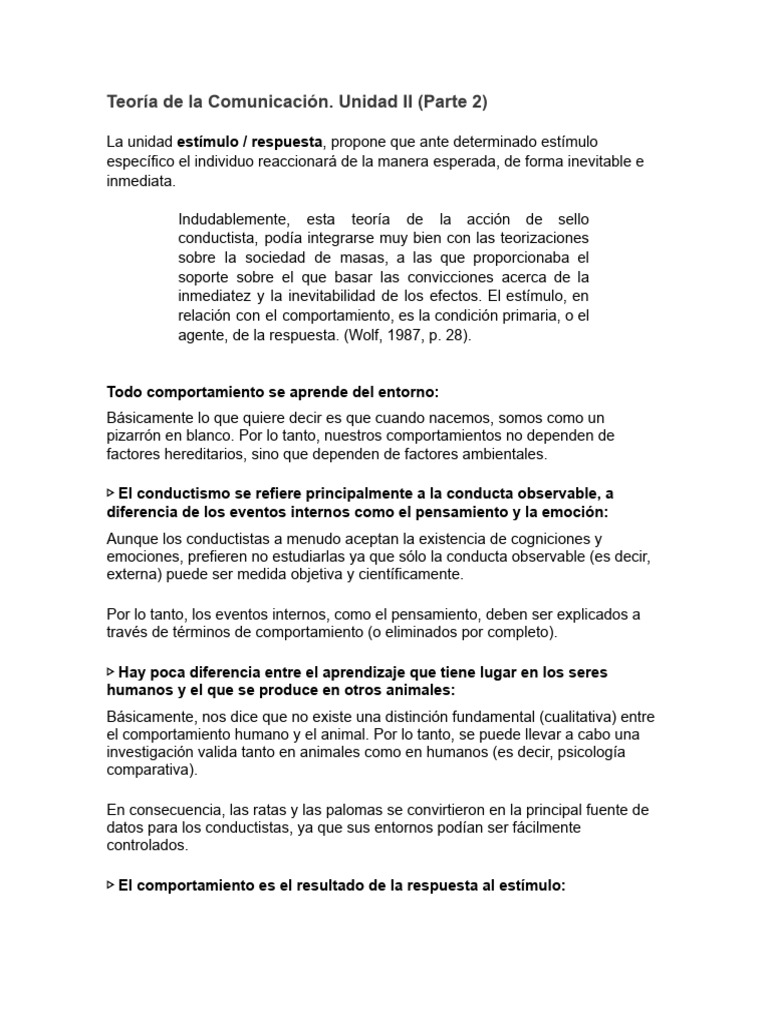 Teor-A de La Comunicaci-N Unidad II (Parte 2) | PDF | Comportamiento | Behaviorismo