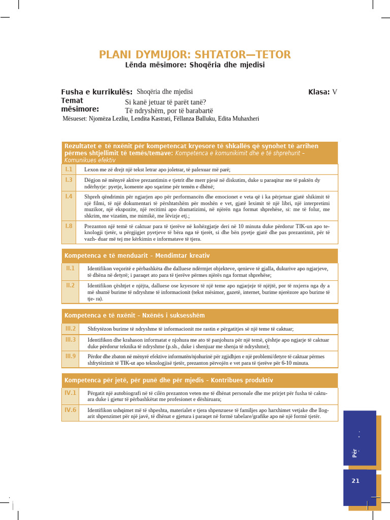 Shoqeria Dhe Mjedisi 5 Libri I Mesuesit - Plani Dymujor | PDF