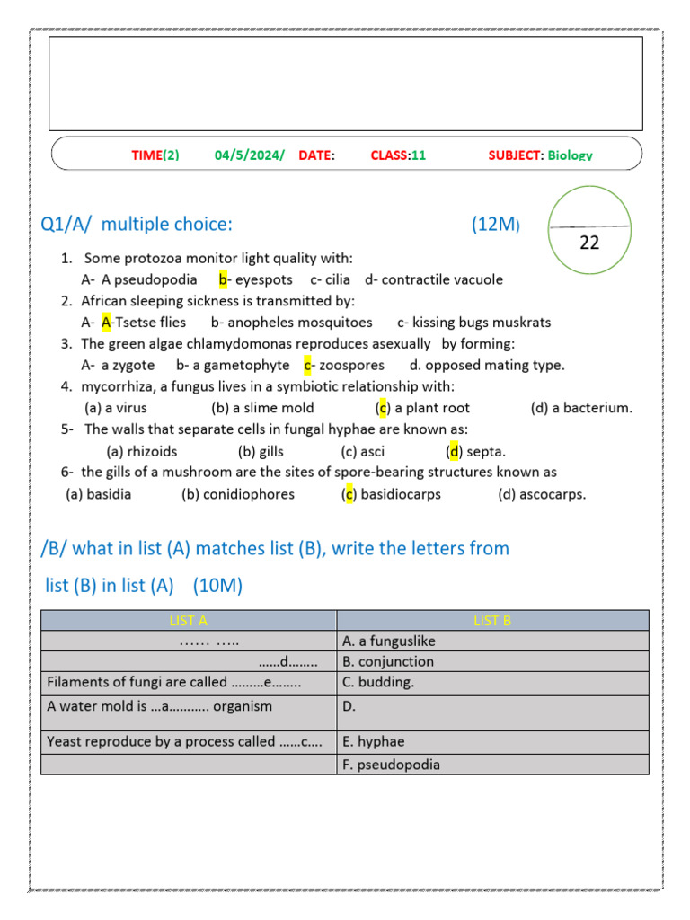 Answers 1 - Grad 11 Final Exam 2nd Semister | PDF | Fungus | Plants