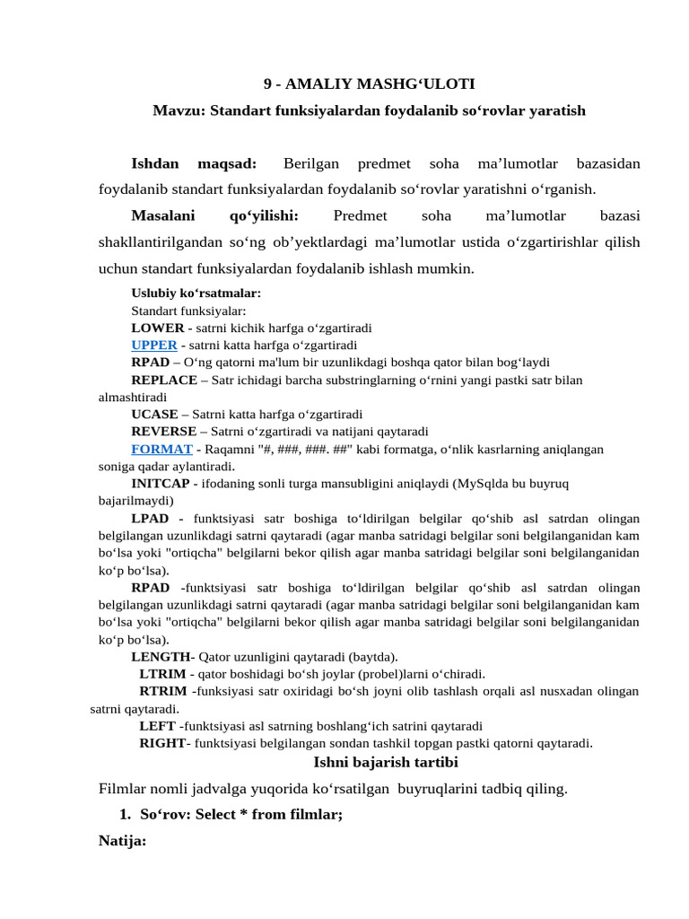 Amaliy Mashg'ulot 9 | PDF