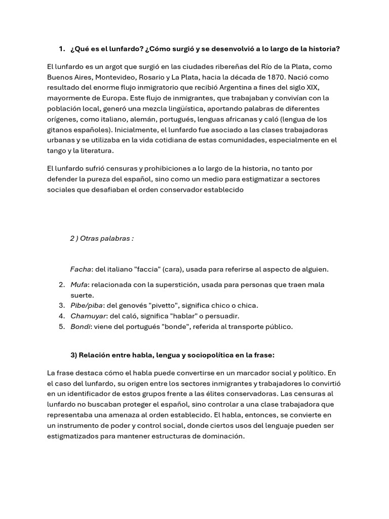 ¿Qué Es El Lunfardo ¿Cómo Surgió y Se Desenvolvió A Lo Largo | PDF ...