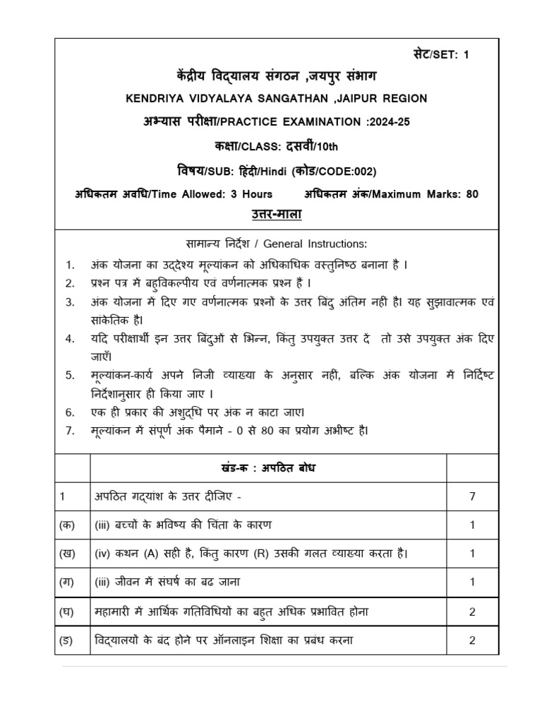AK Set 1 Hindi Practice Exam Class 10 JPR RG | PDF