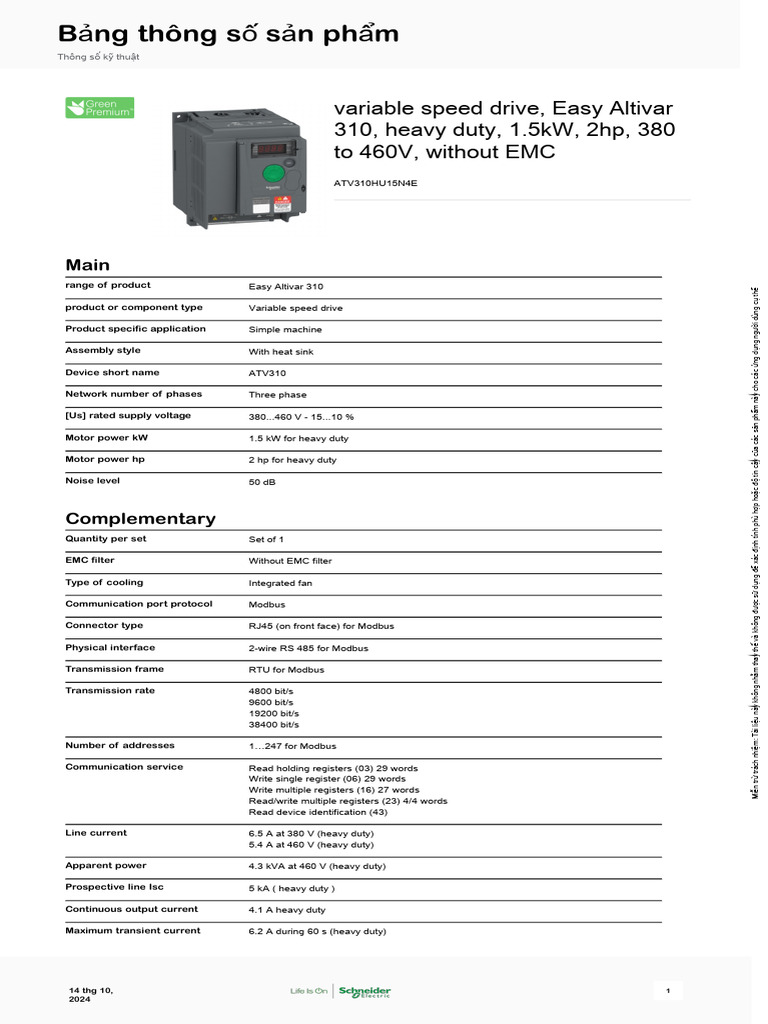 Schneider Electric - Altivar-Easy-310 - ATV310HU15N4E | PDF | Resistor ...